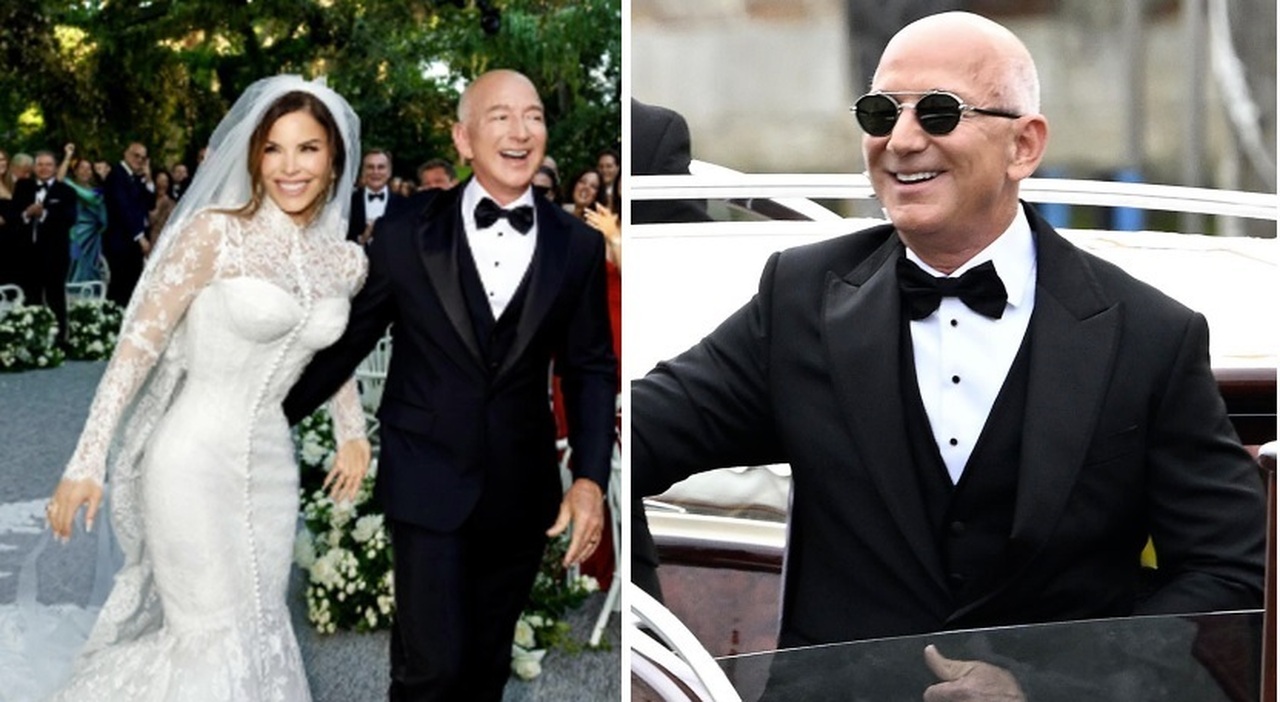 Bezos, Lauren Sanchez e il vestito da sposa Dolce e Gabbana che omaggia Sophia Loren: collo alto ...