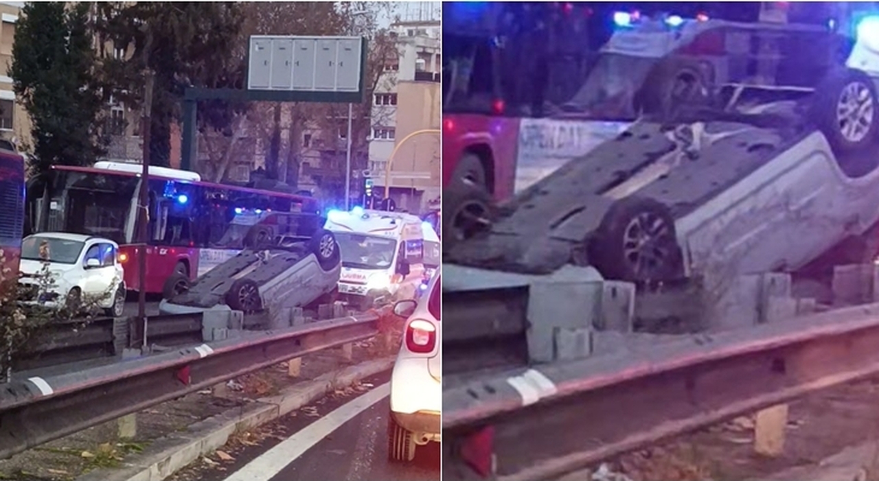 Roma, incidente sulla via Portuense: auto si ribalta e finisce contro l ...