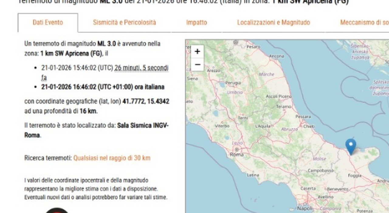 Puglia, scossa di terremoto (magnitudo 3) nel pomeriggio
