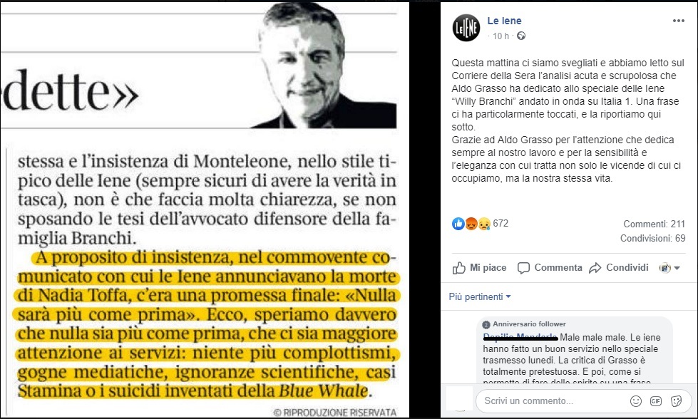 Nadia Toffa, l'attacco di Aldo Grasso alle Iene: «Speriamo che ...