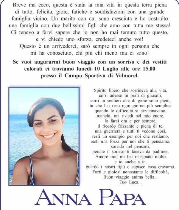 Anna Papa morta a 30 anni, la sua epigrafe è piena di emozioni: «Questo ...